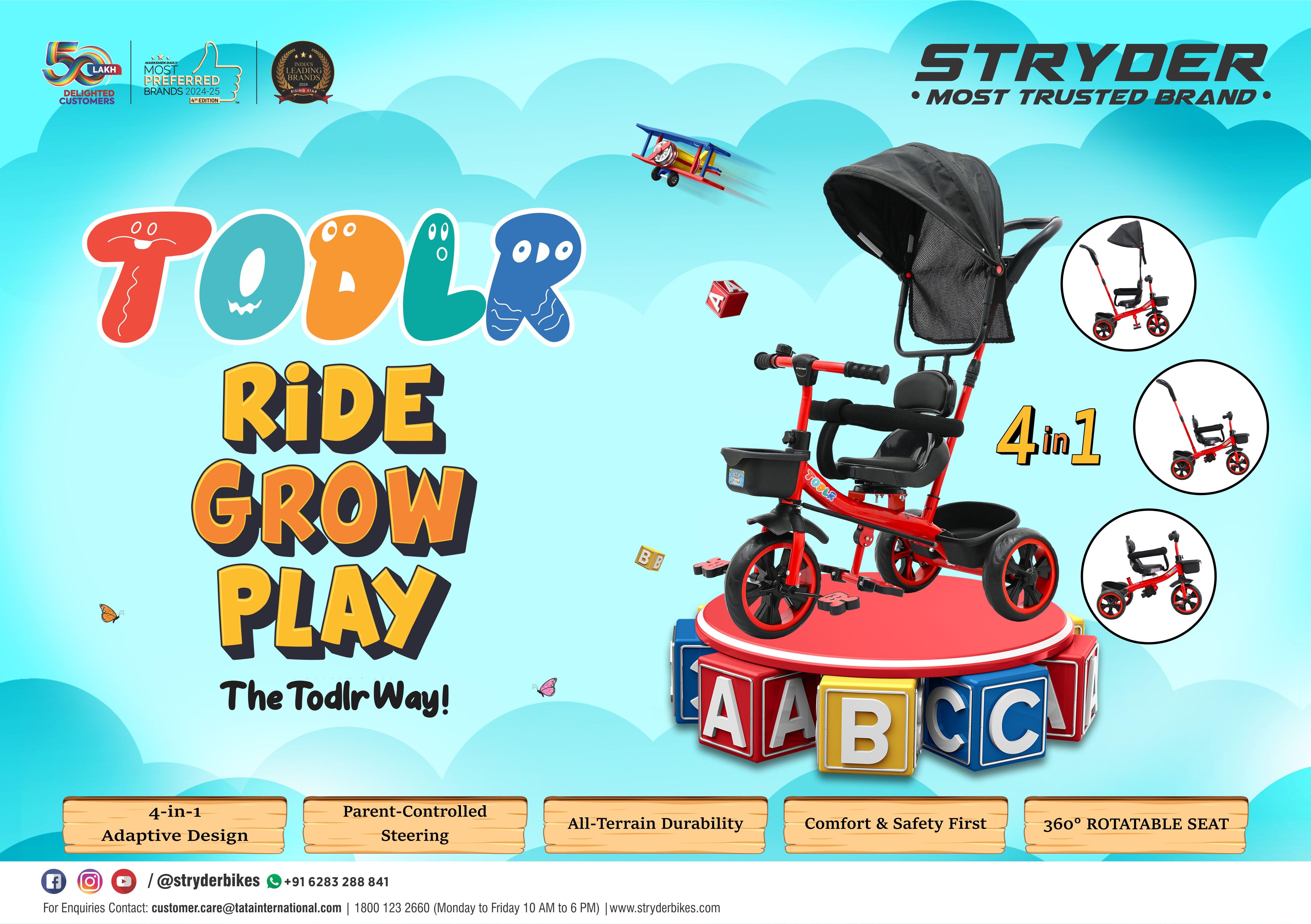 Buy TODLR Tricycle with Canopy, Safety Harness – Stryder Bikes